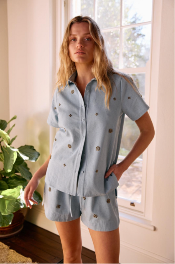 Little Lies Beaded Shirt Blue - Goddess Noosa